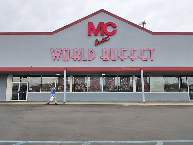 The bright red "WORLD BUFFET" sign promises a global feast that'll have you unbuckling your belt before dessert even arrives.