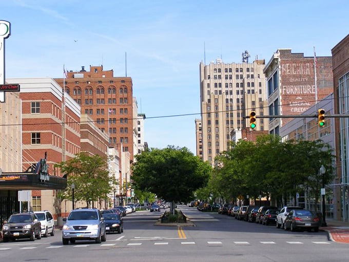 Downtown Youngstown's historic architecture stands tall against a blue sky, where your Social Security check stretches as far as these city blocks.