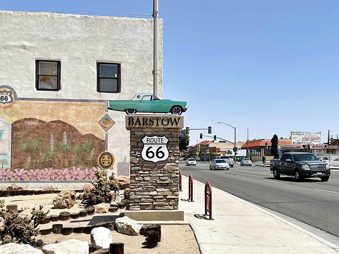 Barstow's Route 66 heritage shines through this stone marker, a humble reminder that affordable adventures still exist along America's most famous highway.