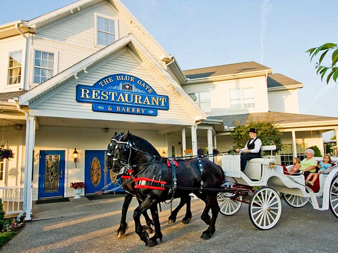 Nothing says "welcome home" quite like a horse-drawn carriage parked outside your favorite family restaurant. 