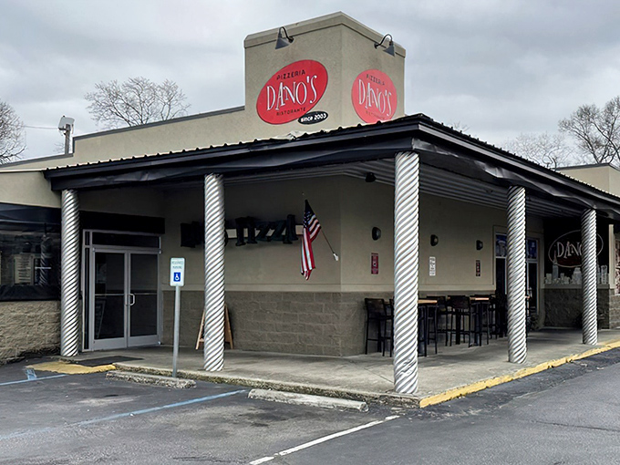 Simple, unpretentious, and proudly local – Dano's exterior promises authentic pizza without the fuss. The American flag adds a patriotic touch.