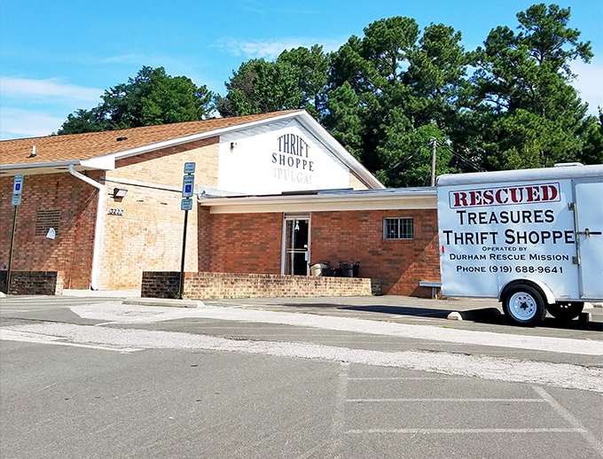 A delivery truck stands ready outside Durham Rescue Mission—the thrifting equivalent of Santa's sleigh bringing joy year-round.