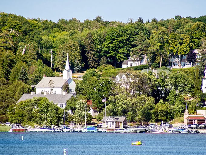 Where land meets water in Ephraim – boats bobbing gently while church spires reach skyward in perfect harmony.