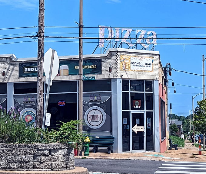 The vintage "PIZZA" sign atop Felix's has likely guided hungry St. Louisans through decades of pizza cravings and Cardinals victories.