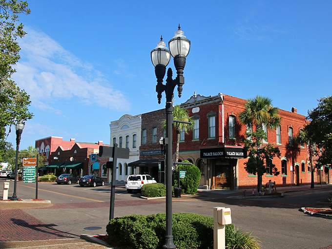 Charming brick buildings and vintage lampposts create Fernandina Beach's timeless appeal – small-town Florida at its finest.