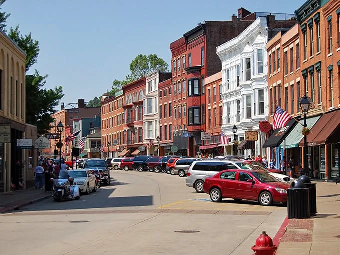 Main Street Galena looks like it's auditioning for a Hallmark movie set, complete with charming storefronts and American flags.