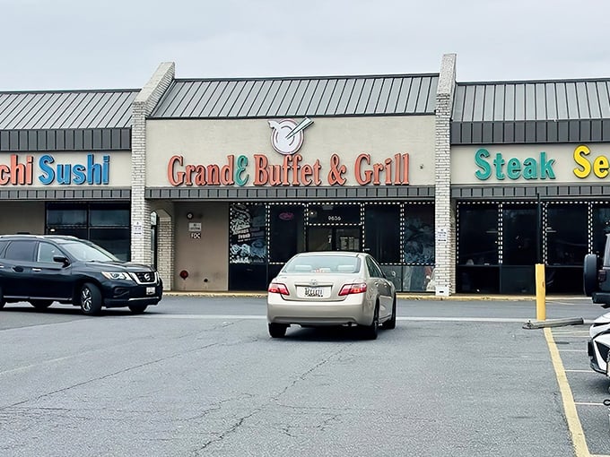 Rain or shine, the GrandE Buffet's glowing sign beckons hungry travelers. That illuminated promise of "Sushi, Steak, Seafood" is the adult equivalent of finding Willy Wonka's golden ticket. 