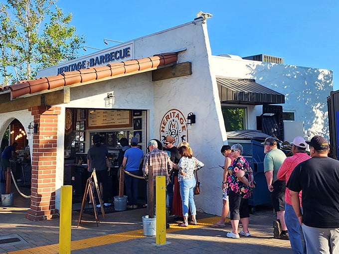 When a BBQ joint has a line this consistent, you know you're in for something special. Heritage's white stucco and terracotta roof might say "California mission," but the smells say "Texas treasure."