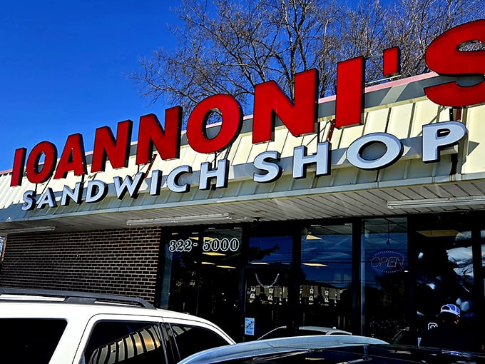 Ioannoni's against a clear blue sky – like a beacon calling all sandwich lovers home to their deli paradise.