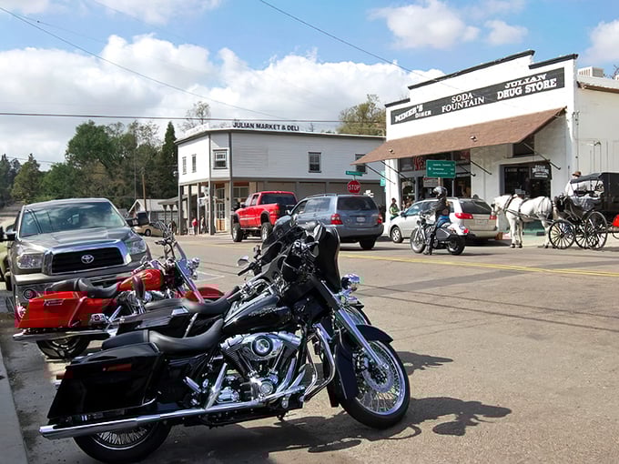 Motorcycles and horse-drawn carriages share space in Julian's downtown, where the Old West meets weekend warriors.