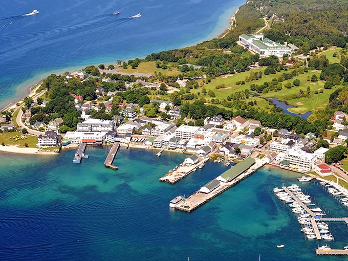 Downtown Kelleys Island from above—where golf carts outnumber cars and time slows to the gentle rhythm of lapping waves.