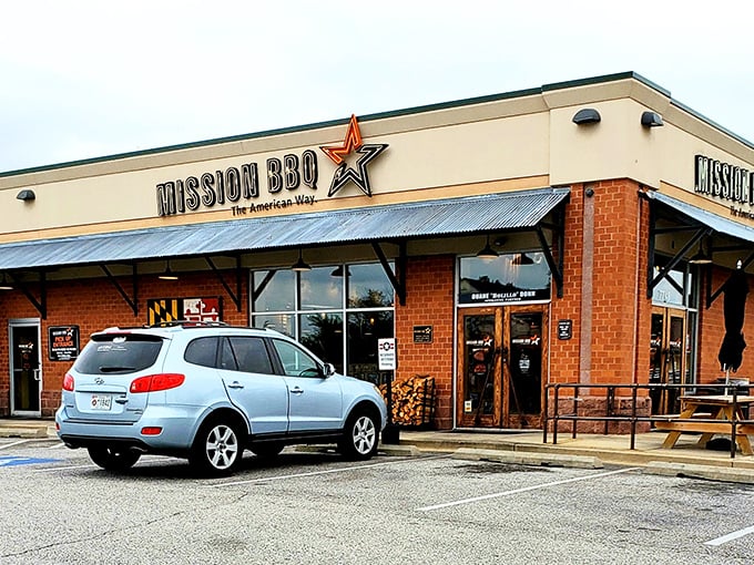 Where barbecue meets patriotism – Mission BBQ's welcoming exterior is like a smoky salute to your taste buds.