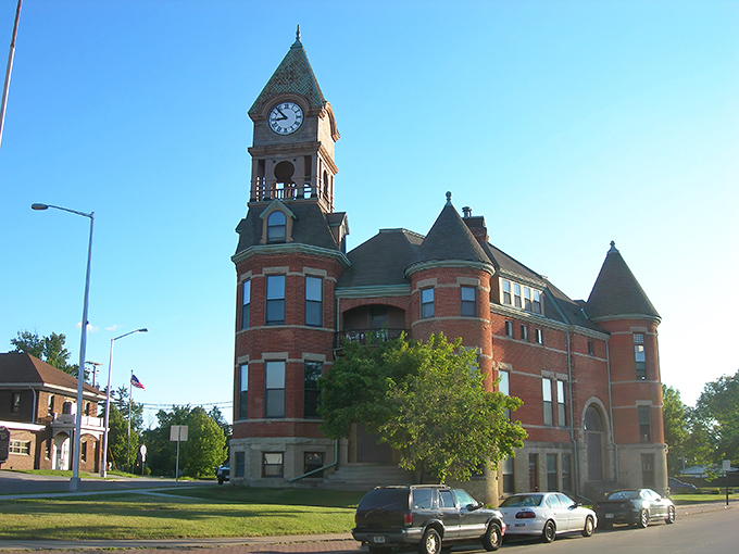 The historic courthouse in Merrill stands tall with its impressive clock tower, a landmark that's witnessed generations of Wisconsin life.
