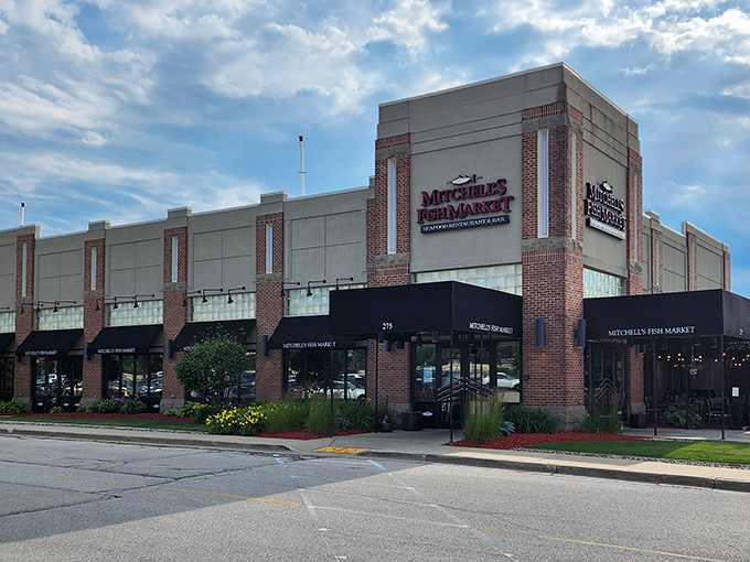 The bold signage of Mitchell's Fish Market promises what lies within—seafood so fresh it practically introduces itself by name.