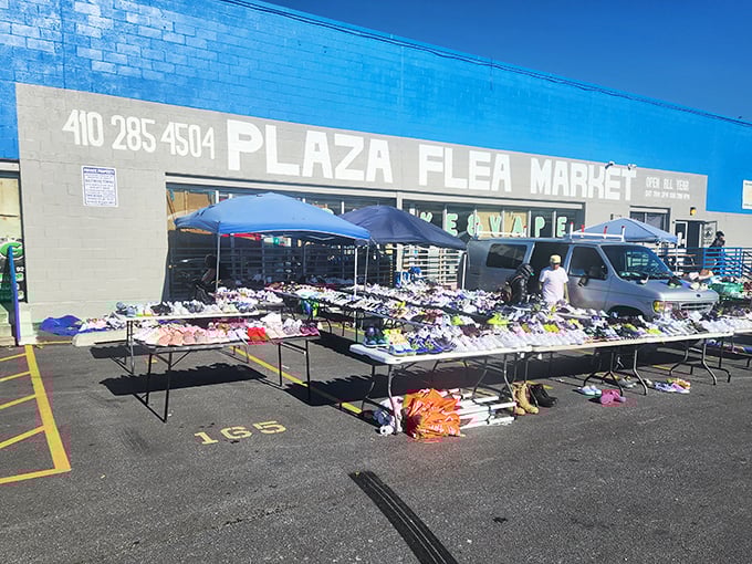Weekend warriors unite! Tables overflow with everything from sneakers to vintage finds under those welcoming blue awnings.