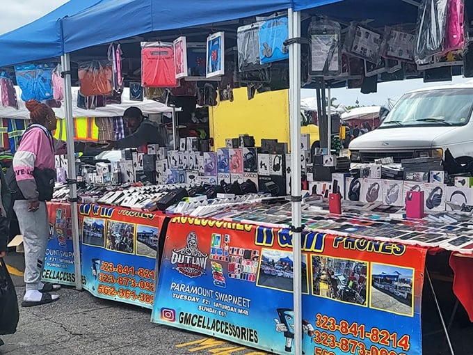 Cell phone accessories galore! This vendor's rainbow display could outfit your phone for years to come—all for less than dinner at Cheesecake Factory.