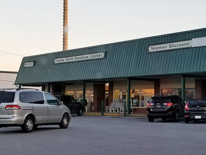 Family Thrift Furniture Center sits quietly in the evening light, waiting to reveal its affordable home décor secrets.