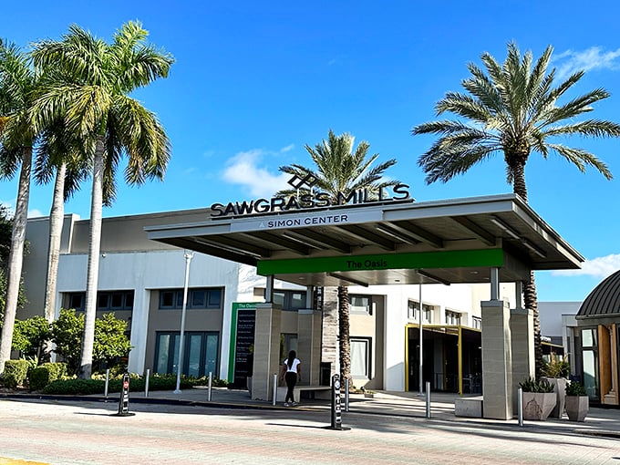 Sunshine, palm trees, and endless shopping possibilities – Sawgrass Mills' exterior promises a day of retail therapy under Florida's blue skies.