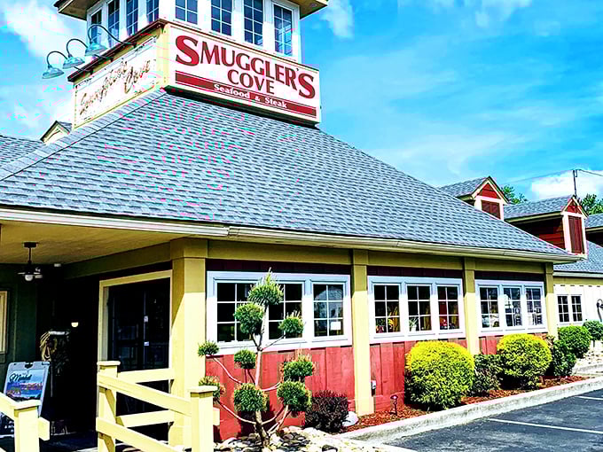 Smuggler's Cove (side view): "Sunny day, nautical vibes, and seafood that makes you forget you're hours from any ocean. Pure vacation mode activated!"