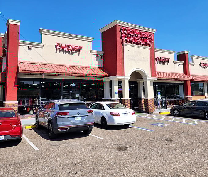 Sunshine gleams off Tampa Thrift's welcoming facade. The full parking lot tells you what locals already know—this place is worth the trip.