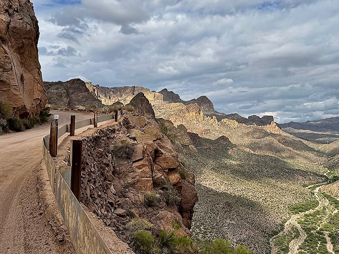 Around every bend of the Apache Trail, another postcard moment awaits – this one featuring a cliff-hugging road that would make James Bond nervous.