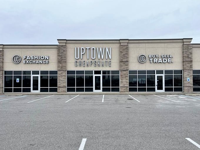 Clean lines and modern signage make Uptown Cheapskate look more like a boutique than a thrift store. Bargain hunting with dignity!