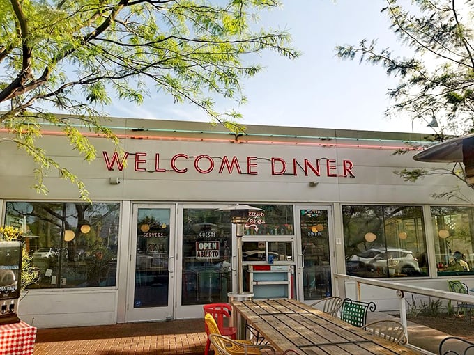 That red neon "WELCOME DINER" sign isn't just advertising – it's a promise they deliver on with every plate that leaves the kitchen.