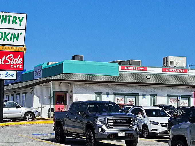The bustling parking lot at West Side Cafe tells you everything – locals know where to find breakfast gold in Fort Worth.