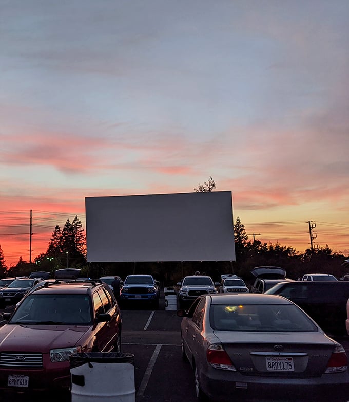 Sunset magic at the drive-in. The sky puts on its own show before the feature presentation begins at West Wind Sacramento.