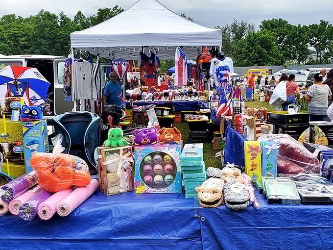 A rainbow of merchandise under a white tent. This vendor at Willow Glen has everything from bath bombs to patriotic t-shirts.