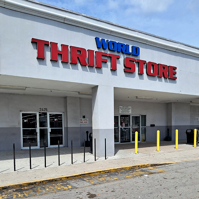 Those bold red letters spell adventure for thrift hunters. World Thrift isn't just a store—it's an expedition!