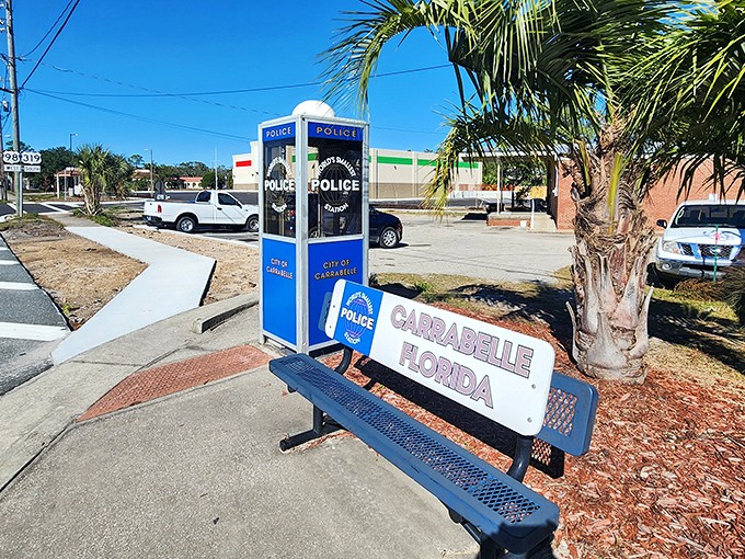 "Honey, I shrunk the police station!" Carrabelle's iconic blue box stands ready for duty—or at least ready for your vacation photos.