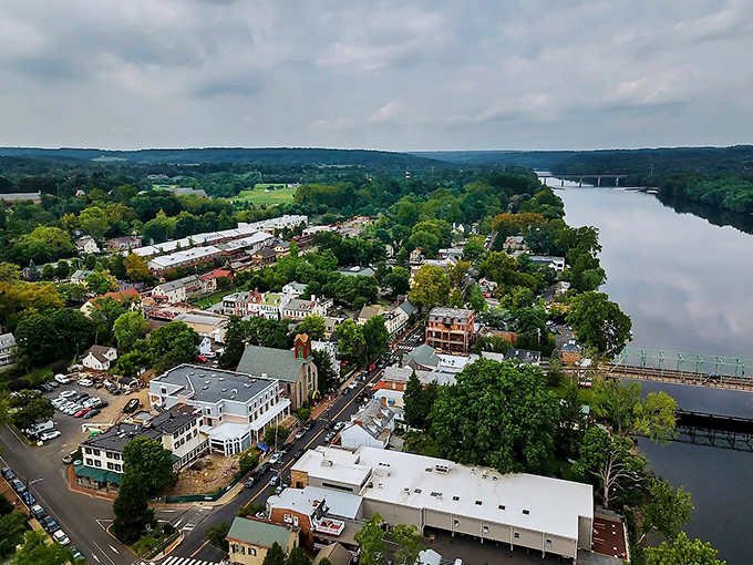 From above, New Hope unfolds like a storybook village beside the shimmering Delaware River.