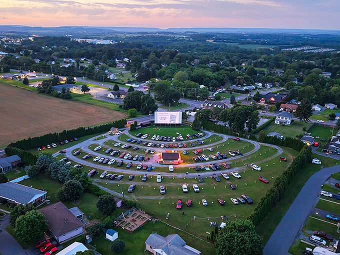 From above, the perfect symmetry of Shankweiler's circular layout reveals itself—a wheel of automotive time travel in rural Pennsylvania.