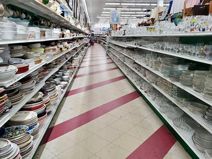 Dish paradise stretches to the horizon. One aisle holds enough place settings to host Thanksgiving for every family in Illinois.
