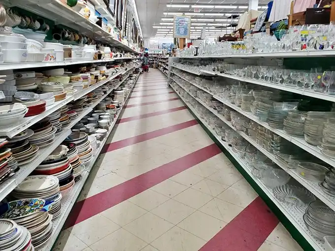Dish paradise stretches to the horizon. One aisle holds enough place settings to host Thanksgiving for every family in Illinois.