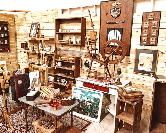 Step into this rustic wonderland where every wooden shelf tells a story. That spinning wheel isn't just decoration—it's someone's next conversation piece!