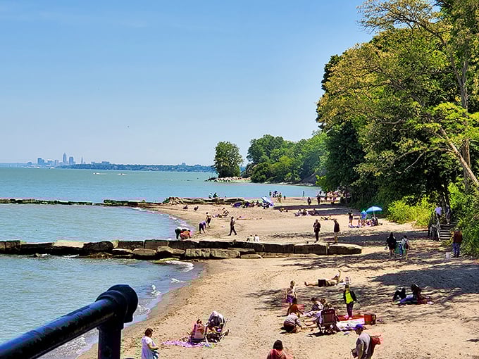 Beach day bingo! Colorful umbrellas dot the sand while Cleveland's skyline plays peekaboo in the distance—the best of both worlds.