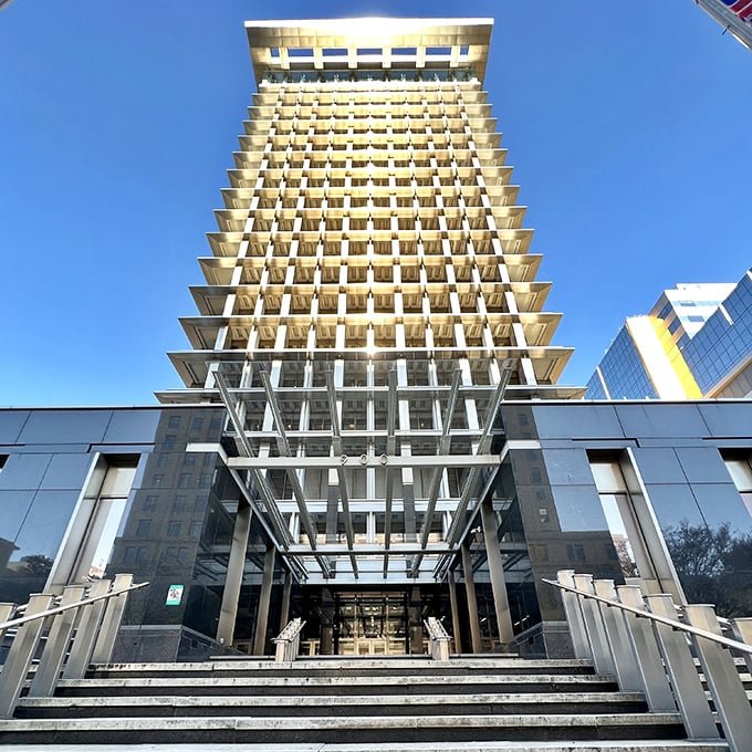 Richmond's City Hall reaches skyward with geometric precision, its honeycomb facade creating a modernist monument that somehow feels both retro-futuristic and timeless.
