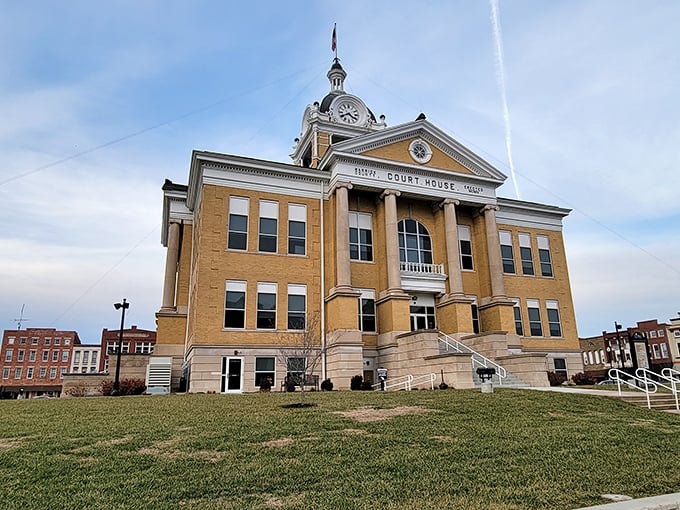 The majestic Warrick County Courthouse stands proudly as Boonville's crown jewel, its yellow-brick façade and stately columns telling stories of generations past.
