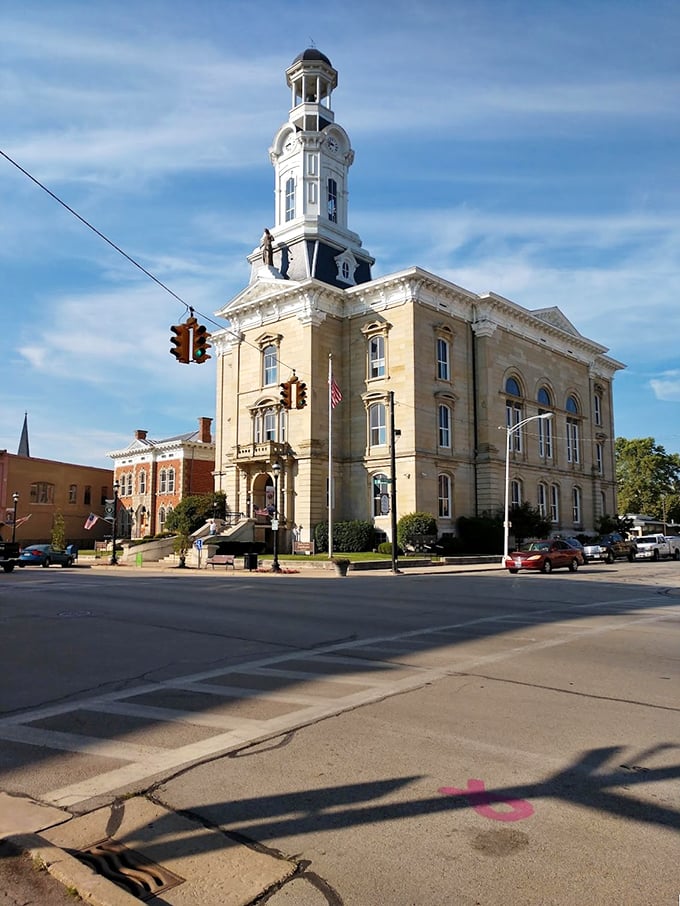 The majestic Darke County Courthouse stands sentinel over Greenville with its striking clock tower, a testament to the town's rich heritage and architectural pride.