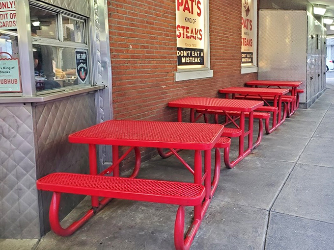 Red picnic tables await their next diners. No white tablecloths here—just the perfect perch for the messiest, most satisfying meal in Philadelphia.