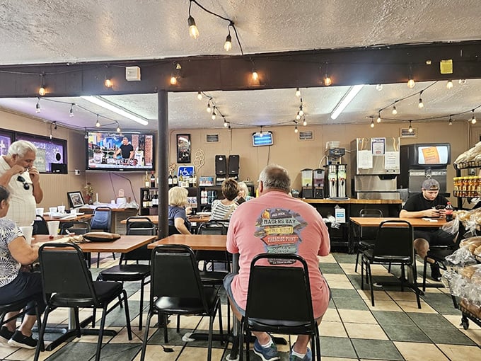 Inside, the checkered floor and string lights create that perfect "third place" atmosphere where regulars become family and first-timers instantly feel at home.