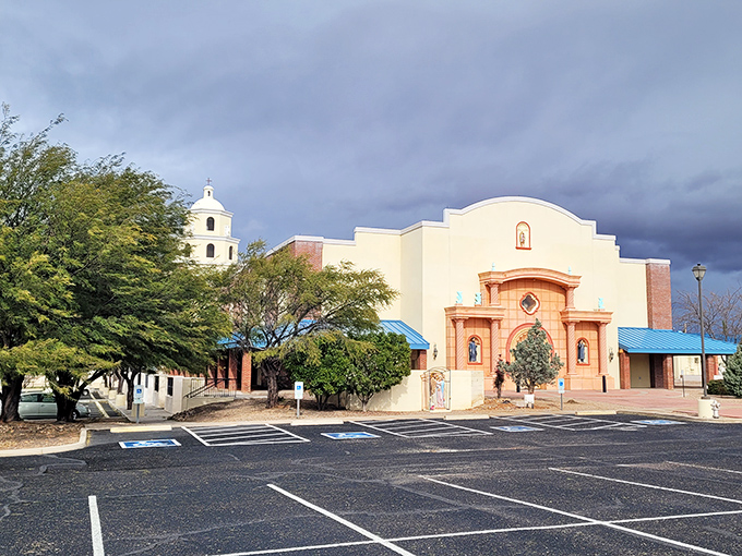 This charming church stands as a peaceful sentinel in Sierra Vista, its warm adobe tones perfectly complementing the dramatic Arizona sky above.