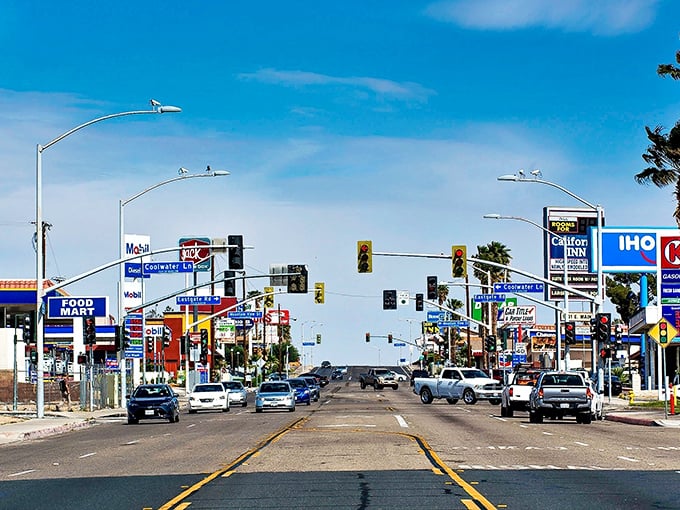 Main Street Barstow – where national chains and local establishments coexist under impossibly blue skies that would cost extra in coastal cities.