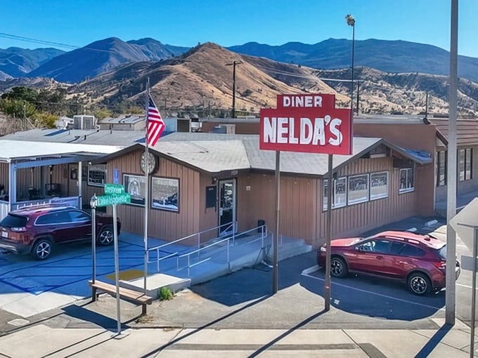Nelda's Diner stands like a time capsule against those golden hills—the kind of place where the coffee's always hot and nobody rushes you through breakfast.