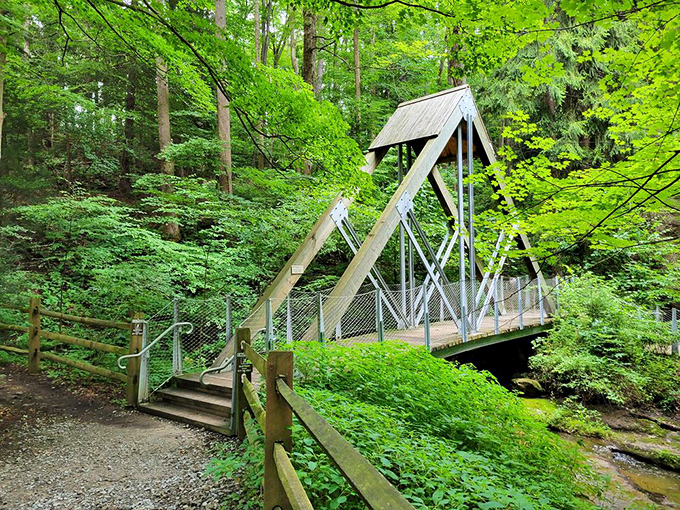 This isn't just a bridge—it's a portal to wonder. The thoughtfully designed walkway invites visitors into Buttermilk Falls' emerald kingdom.