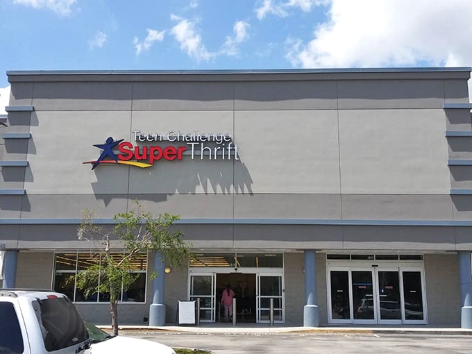 Blue skies frame the Teen Challenge SuperThrift entrance, where Florida's bargain hunters begin their quests. The thrill of the hunt starts here!