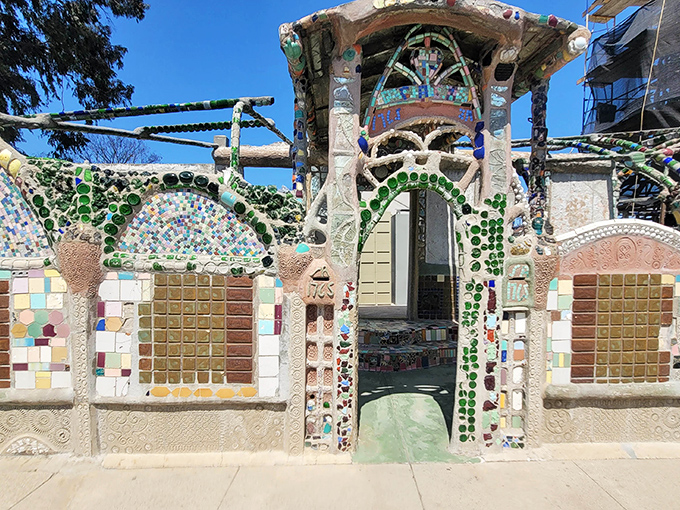 This whimsical entryway feels like stepping through a portal to Gaudí's Barcelona, but with a distinctly Californian twist of found-object artistry.