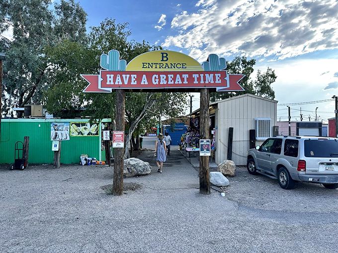"HAVE A GREAT TIME" isn't just a sign—it's a promise. This cheerful entrance welcomes treasure hunters to Tucson's legendary marketplace.